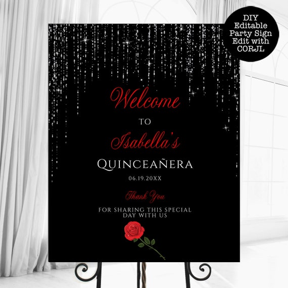 Red Rose Sign, Silver Glitter Welcome Sign, Black and Red Sweet Sixteen ...