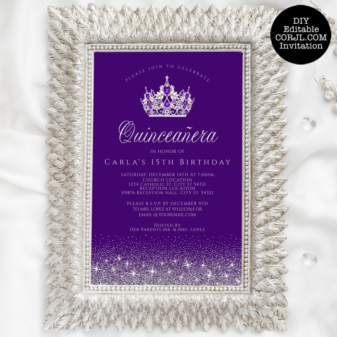Purple and Silver Glitter Quinceanera Invitations Quinceañera - Etsy