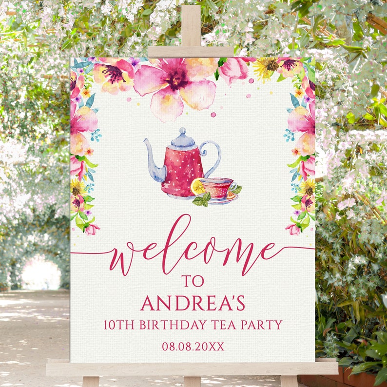 Pink Floral Tea Party Welcome Sign Girl Birthday High Tea - Etsy