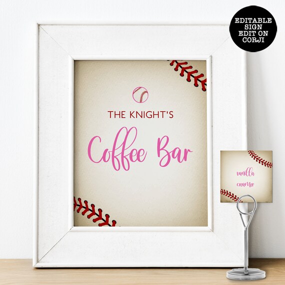 Pink Baseball Coffee Bar Sign, Printable Coffee Sign, Editable Coffee ...