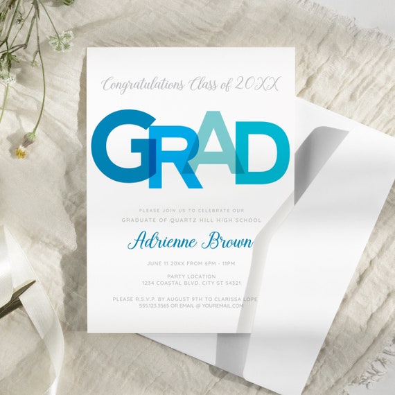 Blue and Teal Graduation Invitations, Grad Party Invitation, College ...