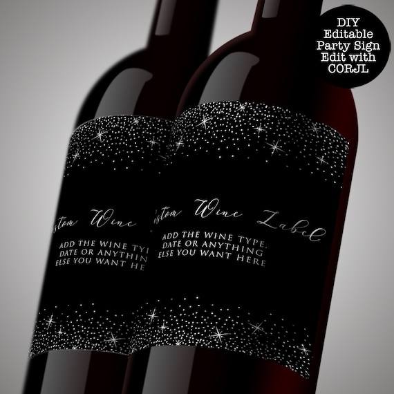 Black and Silver Wine Labels, Printable Wine Label, Custom Wine Labels ...