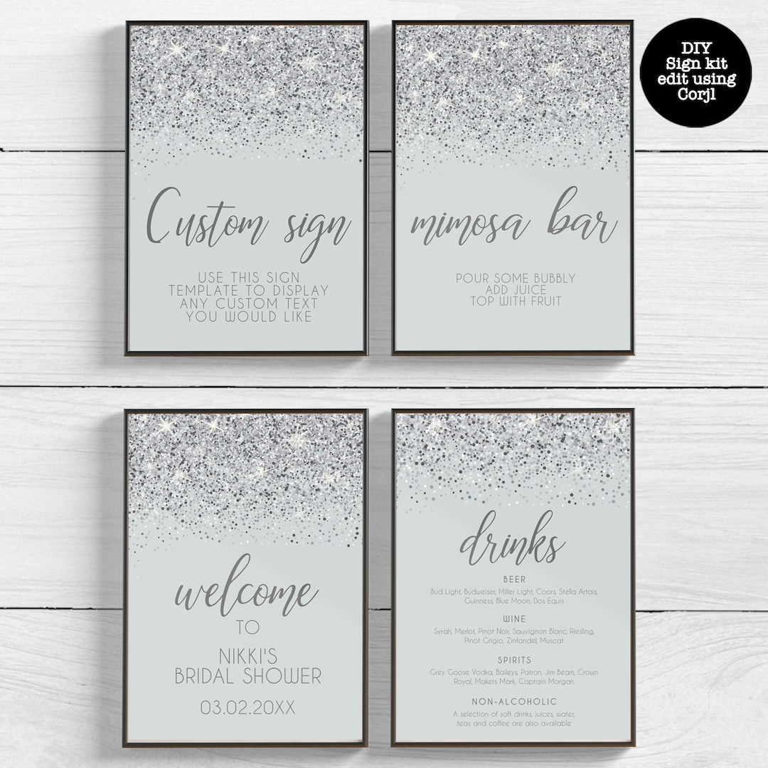 Silver Glitter Bridal Shower Sign Kit Silver Glitter Signs 4 - Etsy