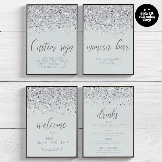 Silver Glitter Bridal Shower Sign Kit, Silver Glitter Signs, 4 ...