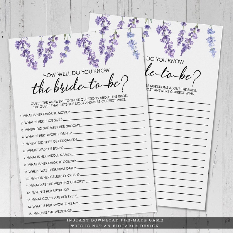 Purple Lavender Bridal Shower Game How Well Do You Know the - Etsy