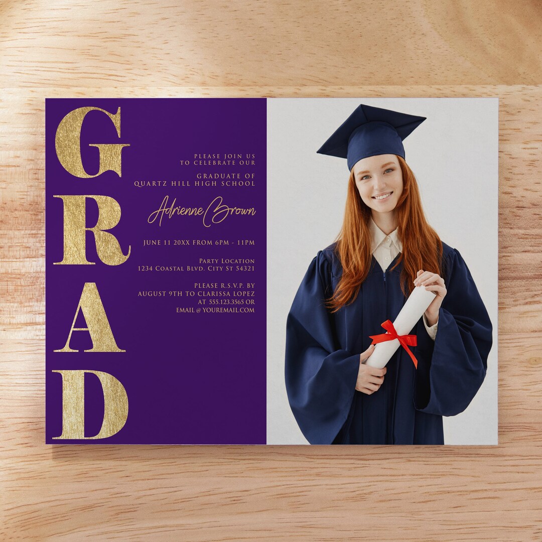 Editable Minimalist Purple and Gold Graduation Invitations, Grad Party ...