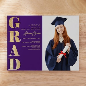Editable Minimalist Purple and Gold Graduation Invitations, Grad Party ...