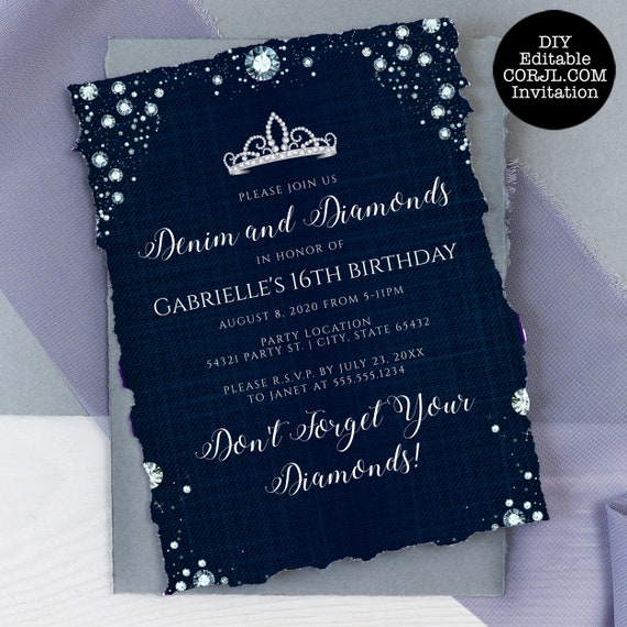 Denim and Diamonds Party Invitations, Printable Invitation, Country ...