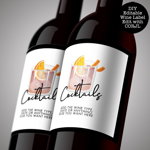 Black and White Cocktail Labels, Printable Wine Label, Custom Wine ...