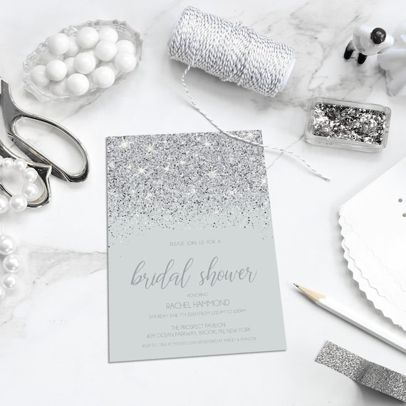 Silver Glitter Bridal Shower Invitations Glitter Bridal Etsy