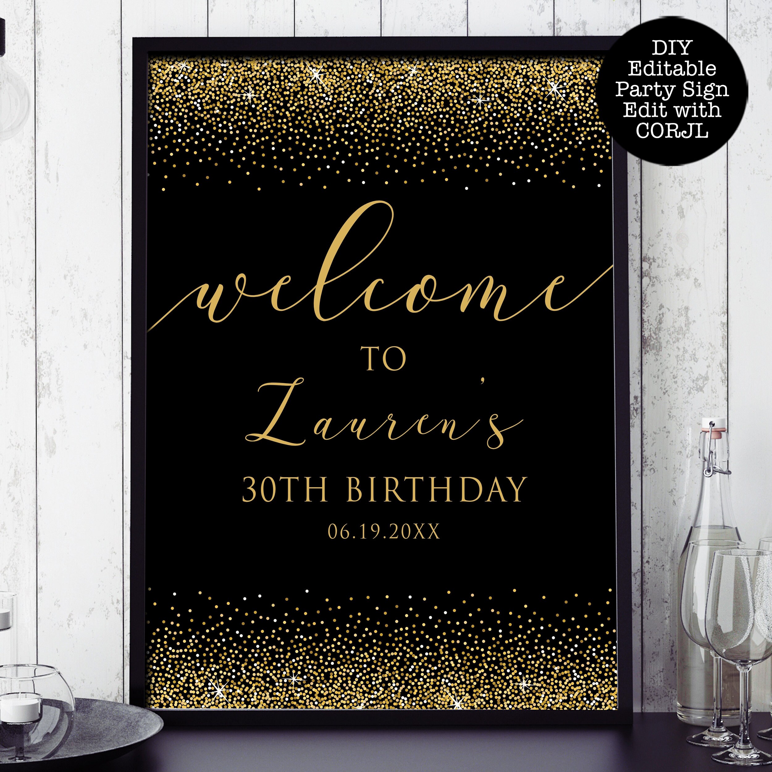 Black and Gold Glitter Party Sign Printable Welcome Sign | Etsy