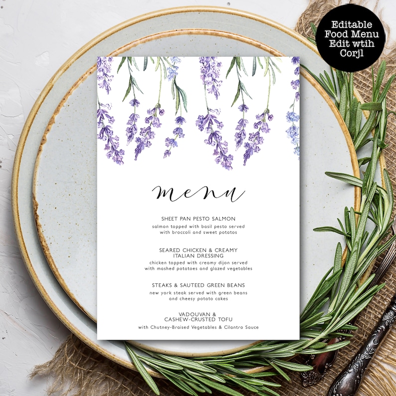Country Lavender Food Menu Purple Floral Menu Custom Dinner - Etsy