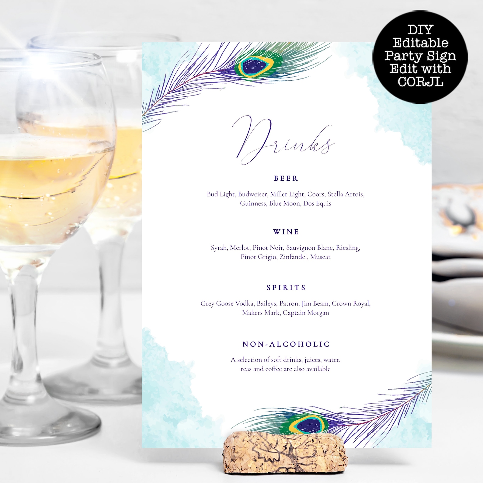 Peacock Cocktail Sign, Bar Menu, Menu Template, Editable Sign ...