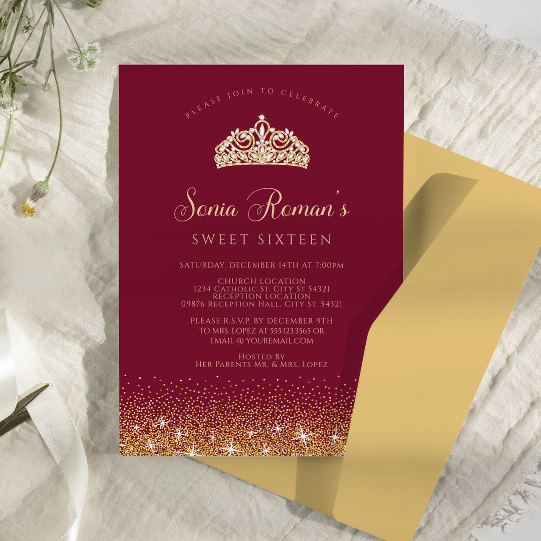 Printable Sweet 16 Invitation, Glitter Sweet Sixteen Invitation, Red ...