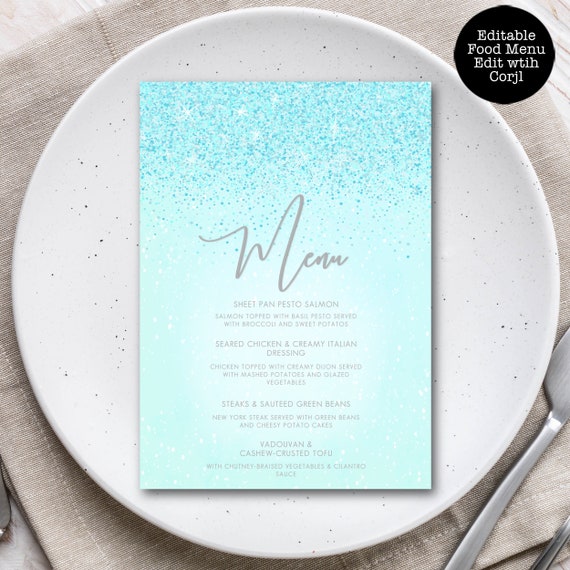 Aqua Glitter Food Menu, Custom Menu, Light Turquoise Food Menu, Dinner ...