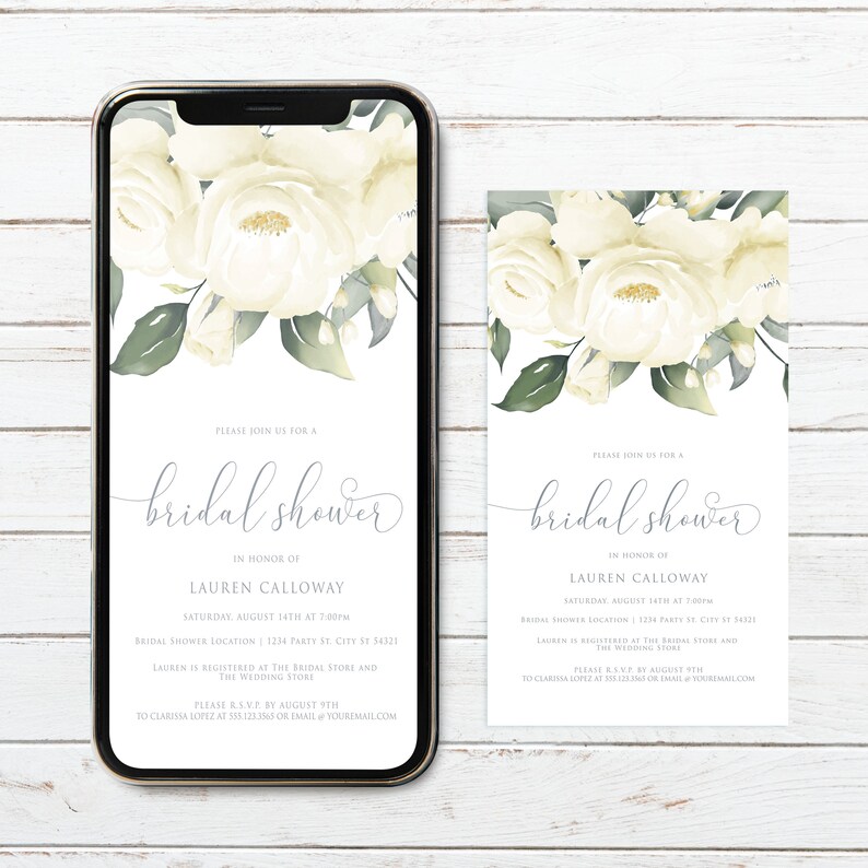 Editable Elegant White Roses Bridal Shower Evite Invitation - Etsy