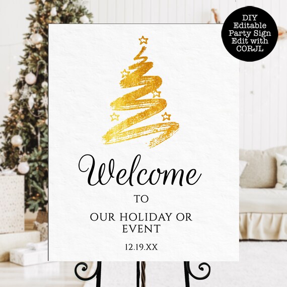 Gold Christmas Tree Welcome Sign, Printable Welcome Sign, Corjl ...