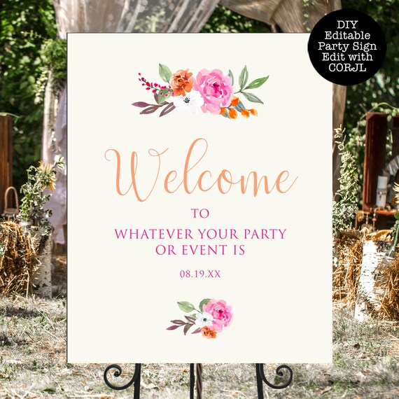 Hot Pink and Orange Welcome Signs, Floral Birthday Signs, Printable ...