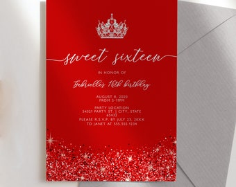 Red Sweet 16 Invitation Red Quinceanera Invitation Red and Silver ...