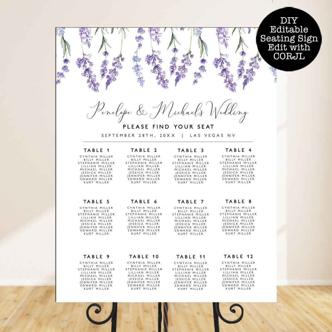 Country Lavender Wedding Seating Chart Poster: Editable Template ...