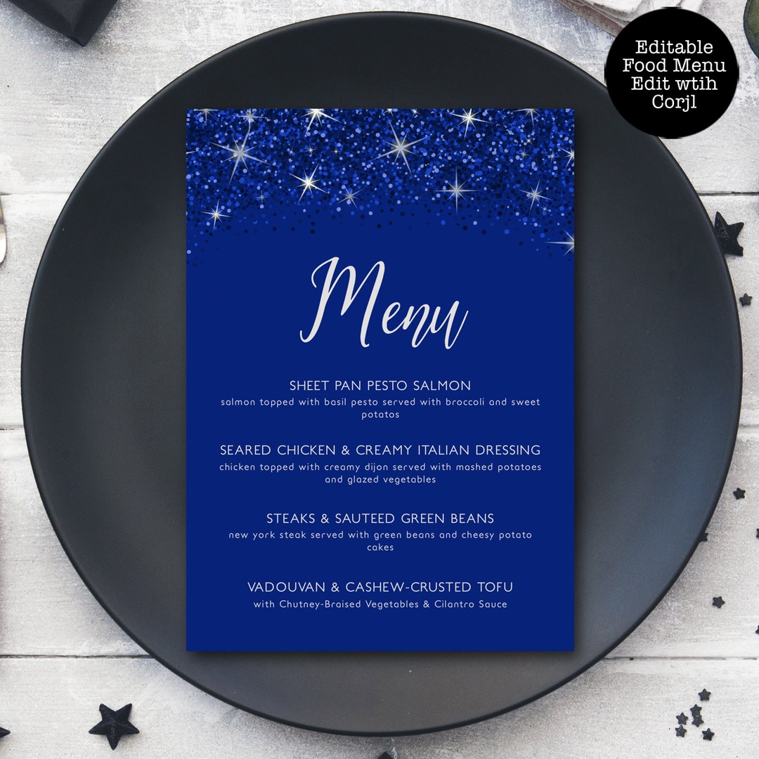 Blue Glitter Food Menu, Royal Blue Dinner Menu, Food Menu, Dinner Menu ...