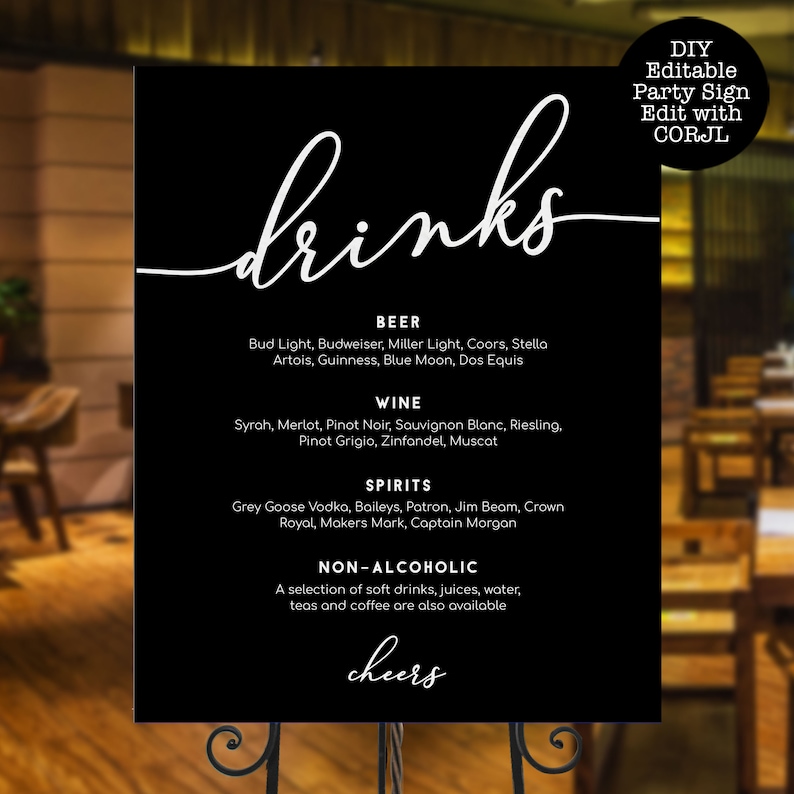 White and Black Drink Menu Signs Elegant Party Sign Cocktail - Etsy
