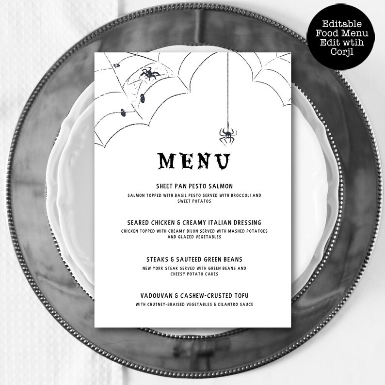 Spider Web Food Menu, Halloween Menu, Custom Dinner Menu, Editable ...