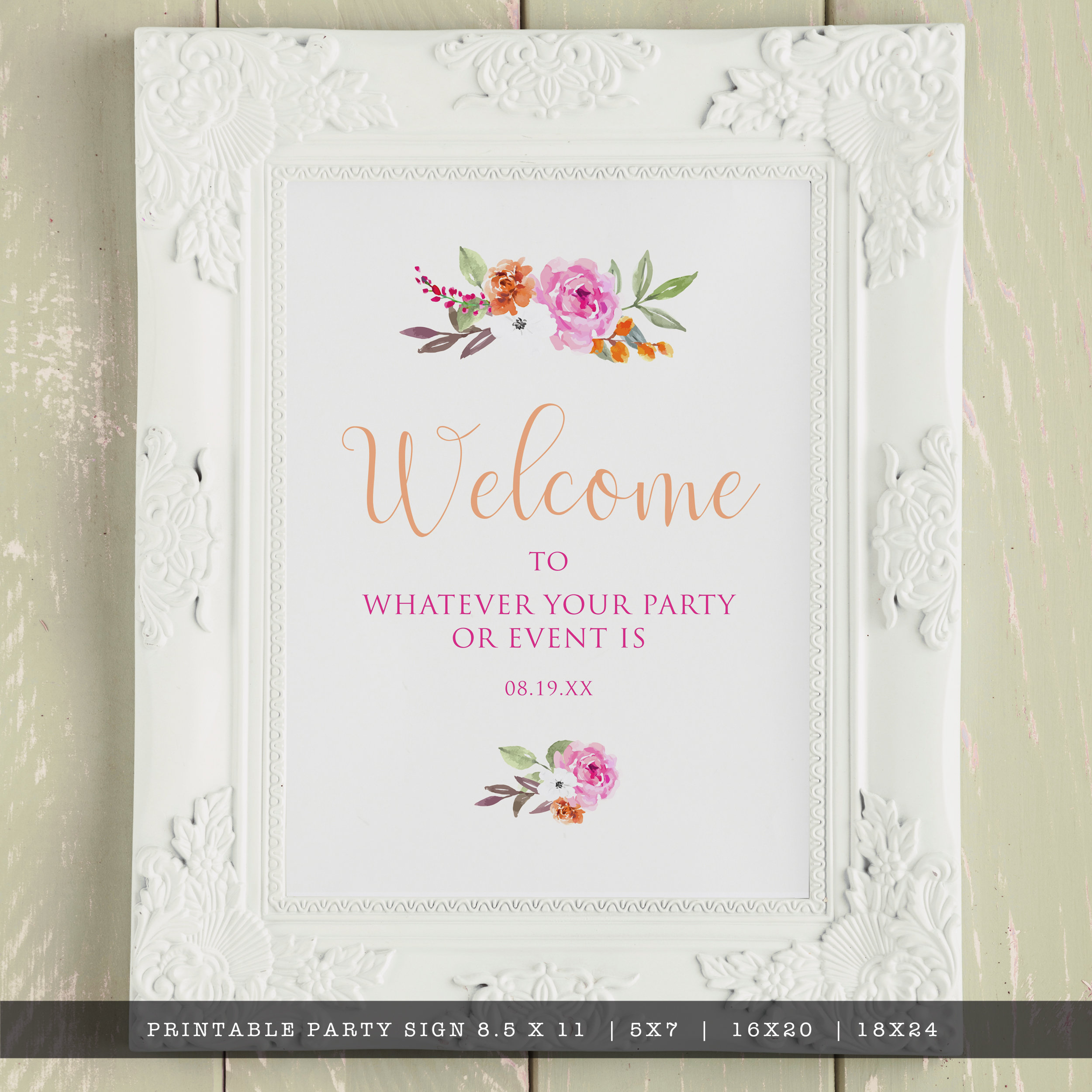 Floral Welcome Sign: Hot Pink & Orange, Garden Party (digital Download ...