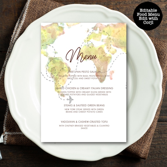 Travel Themed Dinner Menu, Custom Menu, Food Menu, World Map Menu ...