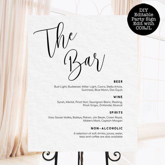 Bar Menu Signs, Modern Bar Sign, Printable Calligraphy Bar Menu ...