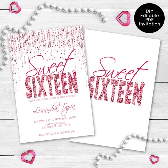 Red Glitter Sweet Sixteen Party Invitation, Sweet 16 Birthday ...