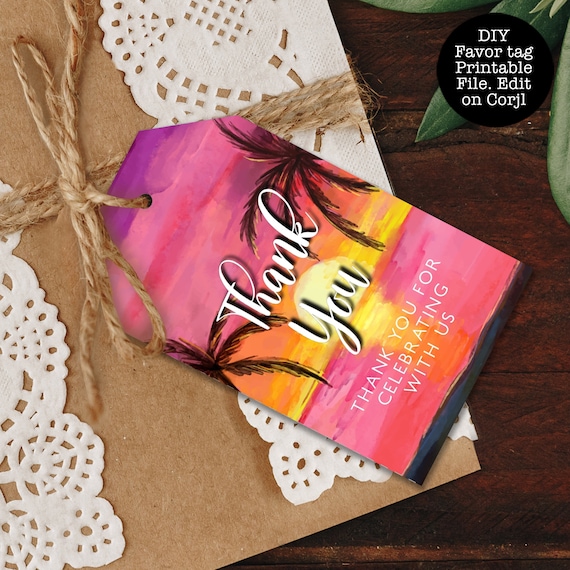 Tropical Sunset Favor Tag, Sunset Gift Tags, Editable Gift Labels ...