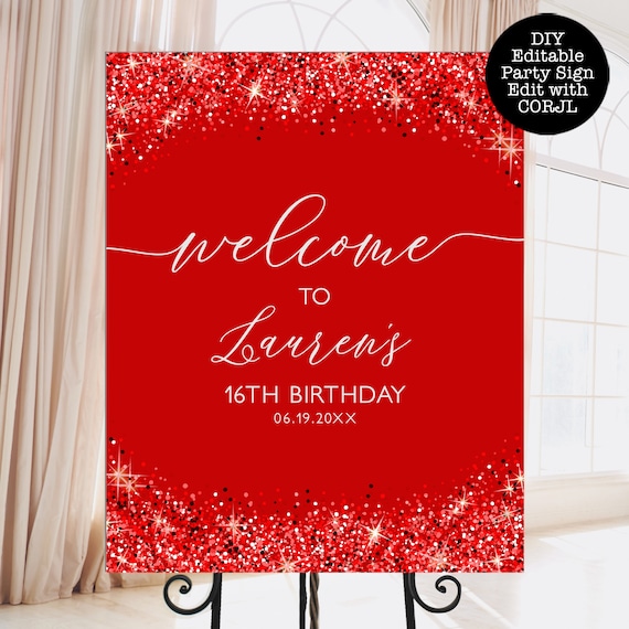 Red Glitter Welcome Signs, Editable Party Signs, Instant Download ...
