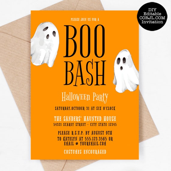 Editable Ghost Halloween Party Invitations, Halloween Invitations, Kids ...