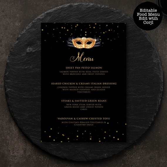 Gold and Black Masquerade Dinner Menu, Custom Menu, Food Menu ...