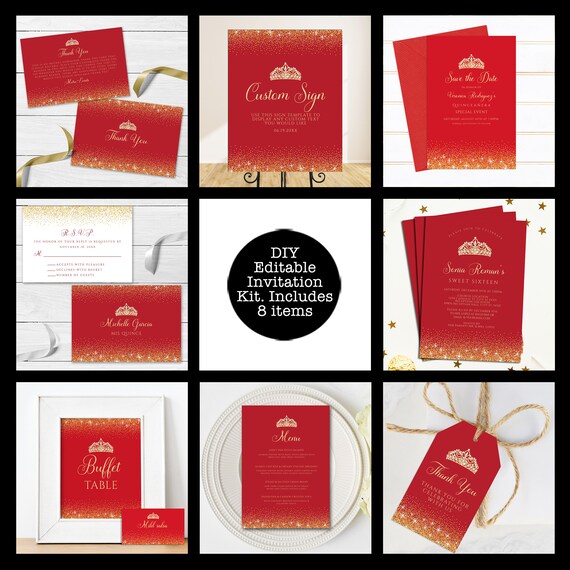 Red and Gold Glam Invitation Set, Printable Invitation Kit, Gold ...