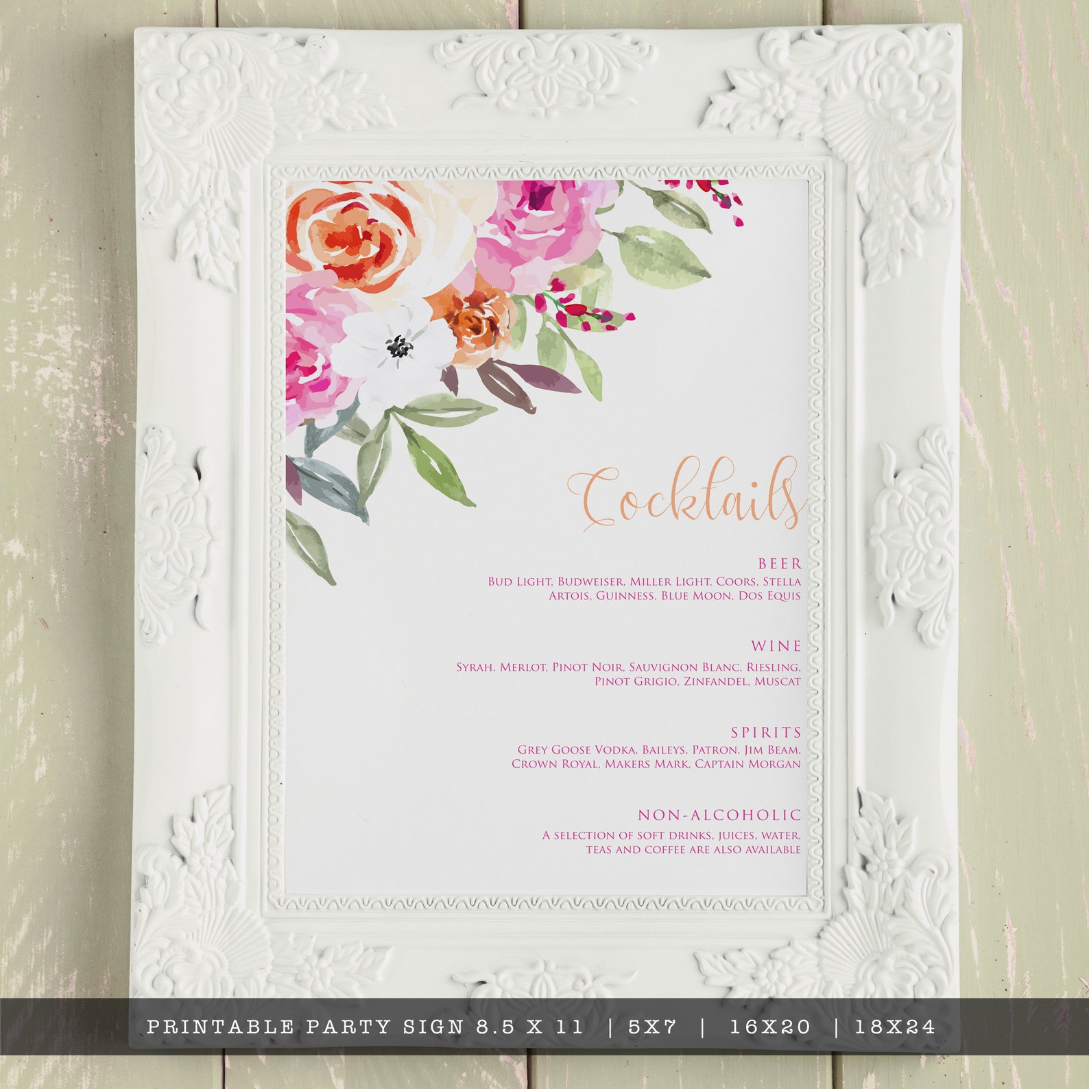 Hot Pink and Orange Floral Drink Menus Bar Menu Cocktail | Etsy