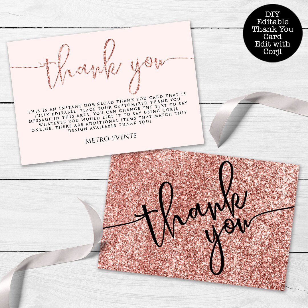 Pink Glitter Thank You Card, Sparkle Thank You Notes, Printable Thank ...