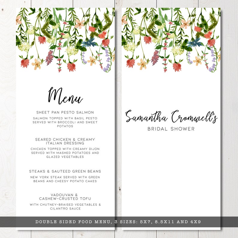 Boho Wildflower Food Menu Botanical Floral Menu Custom - Etsy