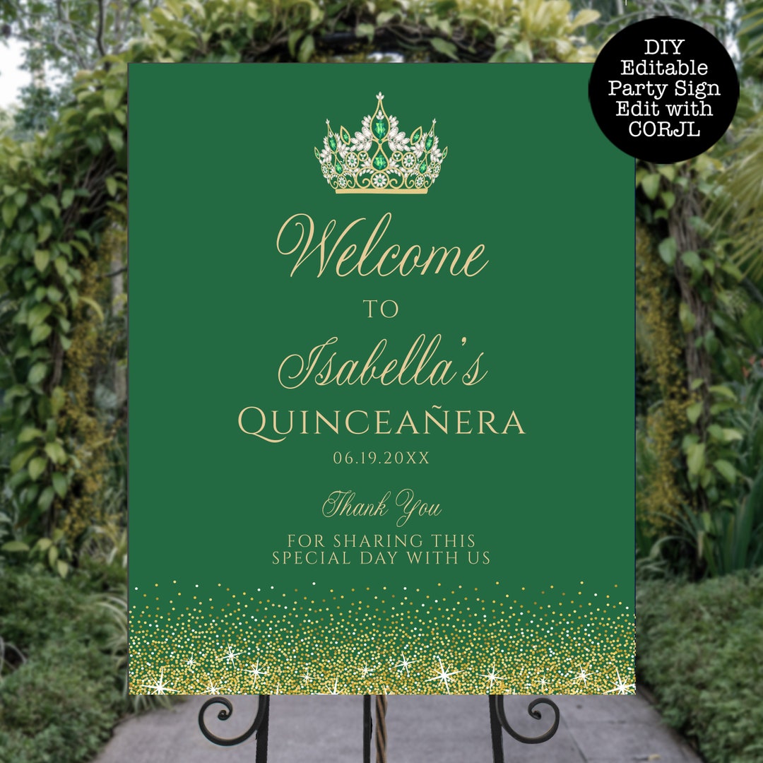 Green and Gold Welcome Sign, Printable Sign, Gold Glitter Party Sign ...