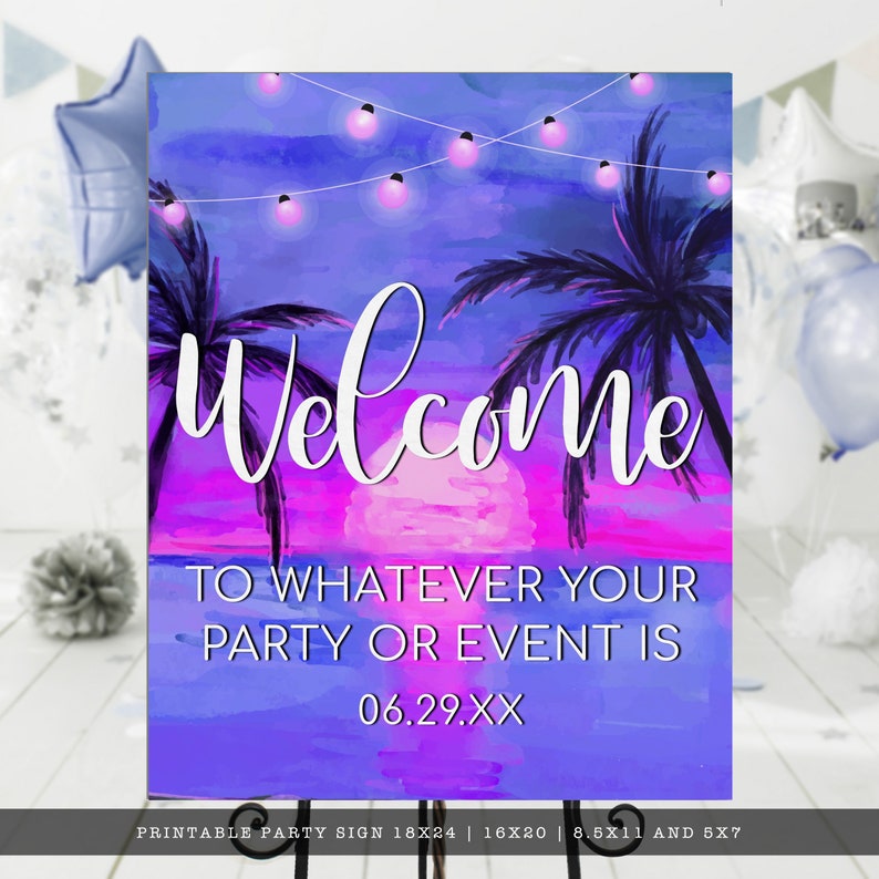 Blue Sunset Welcome Sign, Tropical Sunset Welcome Signs, Printable ...