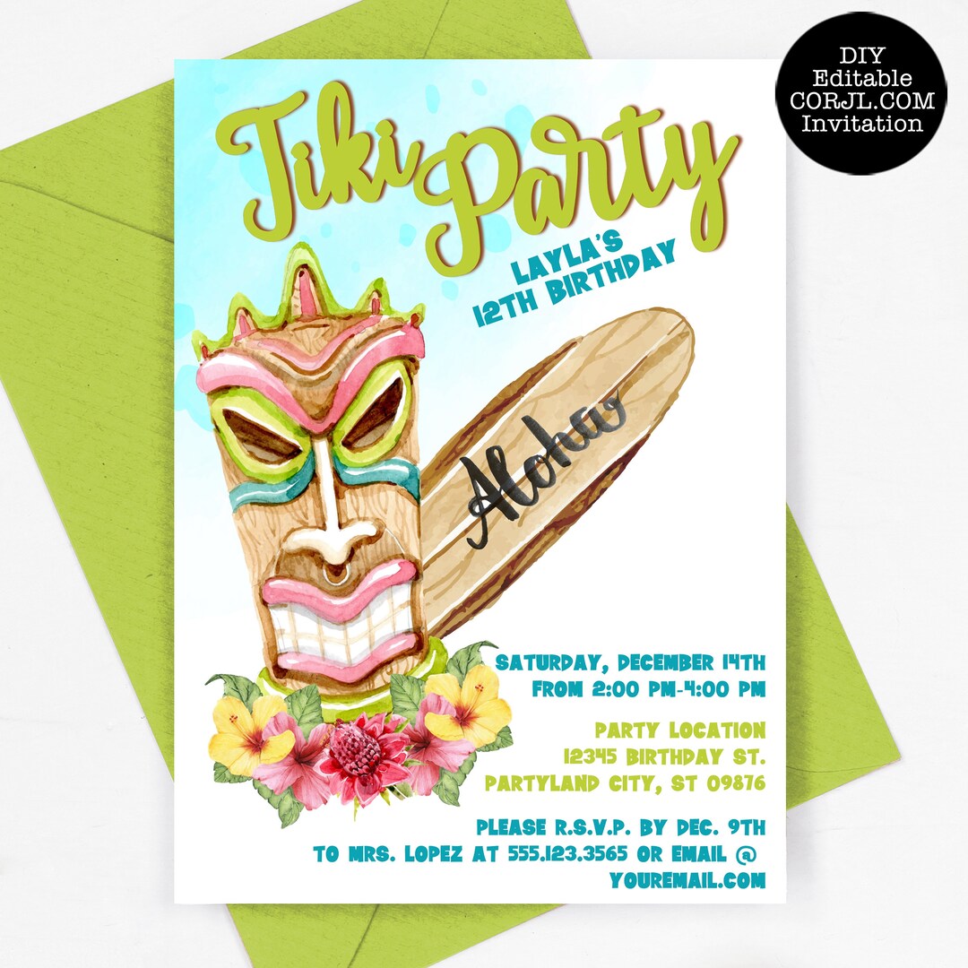 Hawaiian Themed Party Invite, Editable Birthday Invite, Printable Party ...