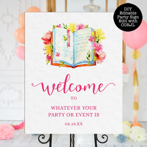Floral Book Club Sign, Book Themed Party Sign, Editable Party Sign ...