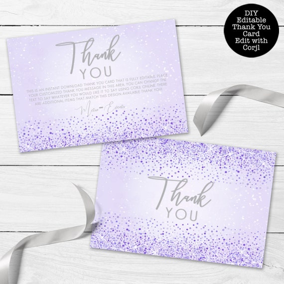 Light Purple Glitter Thank You Card, Purple Thank You Card, Custom ...
