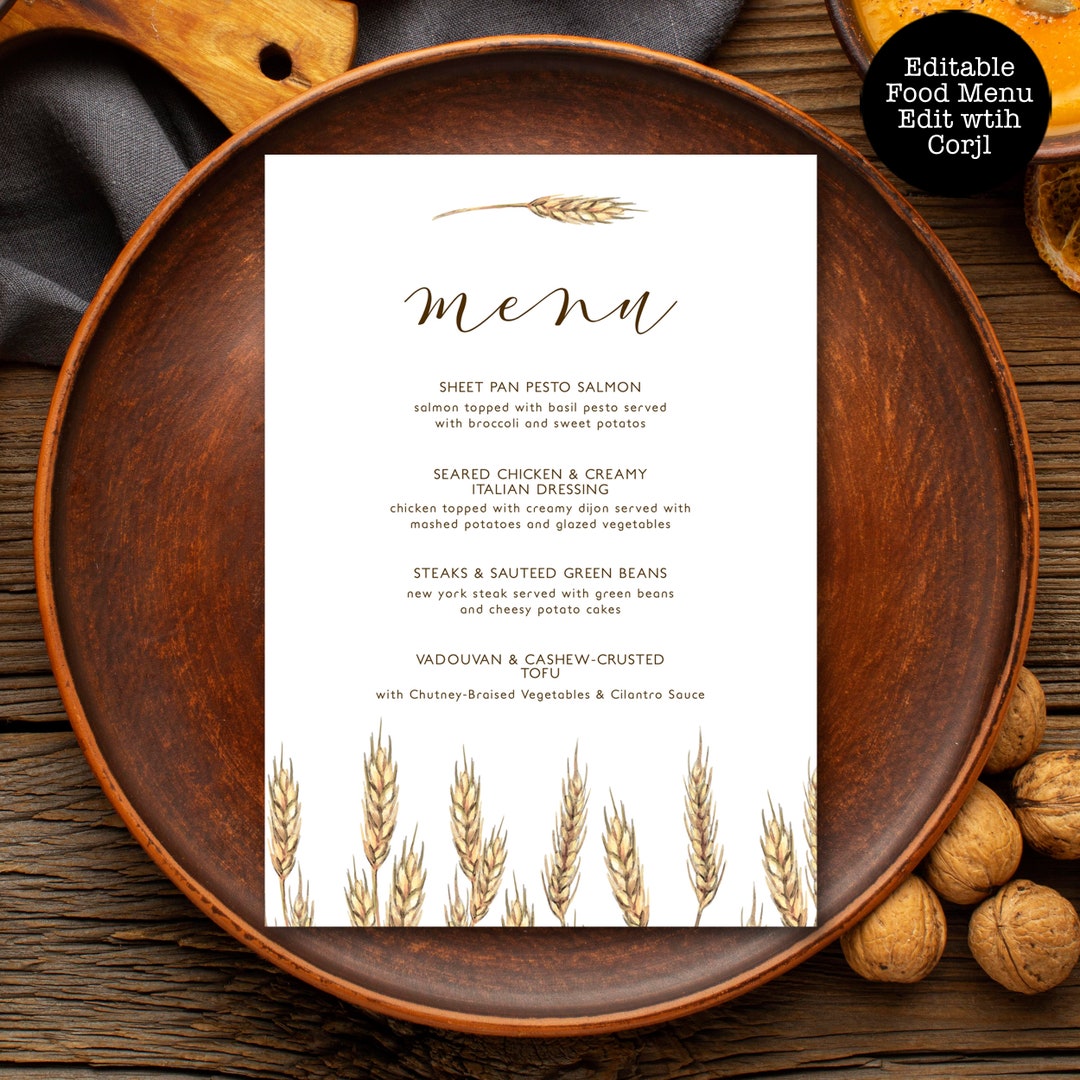 Country Wheat Food Menu, Rustic Menu, Food Menu, Dinner Menu, Editable ...