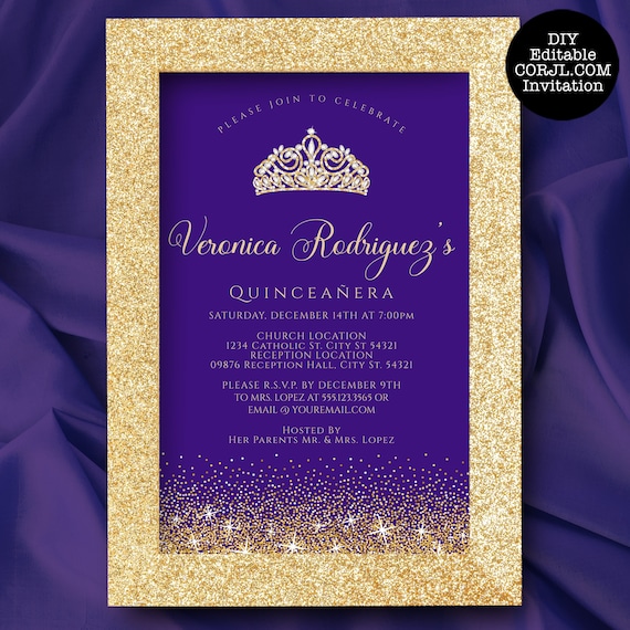 Purple and Gold Glitter Quinceanera Invitations, Quinceanera ...