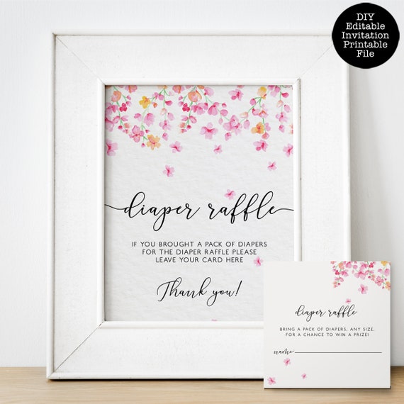 Diaper Raffle Sign, Pink floral Signs, Instant Download, Baby Shower ...
