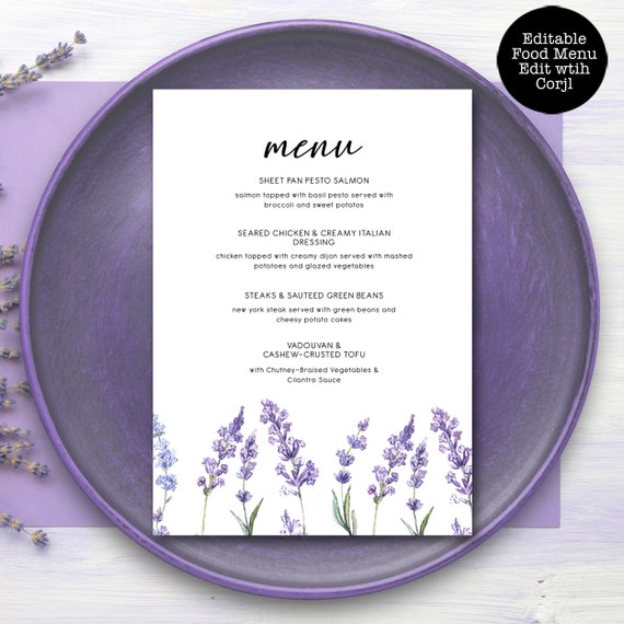 Lavender Floral Food Menu, Purple Floral Menu, Custom Dinner Menu ...