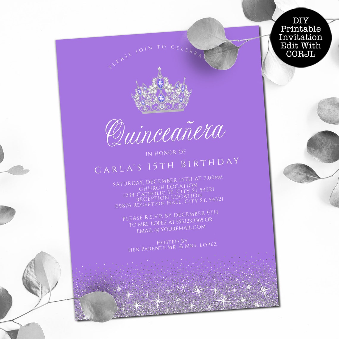 Lavender and Silver Glitter Quinceanera Invitations Quince - Etsy