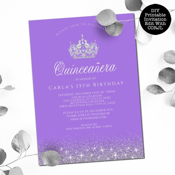 Lavender and Silver Glitter Quinceanera Invitations Quince - Etsy